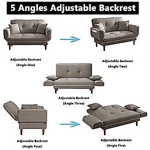 Convertible Futon Sofa Bed with 2 Pillows, Small Loveseat Sleeper Sofa Futon Couch, Recliner Couch with Adjustable Armrest and Wood Legs, Living Room Sofa with 5-Angle Backrest for Small Space (Grey)