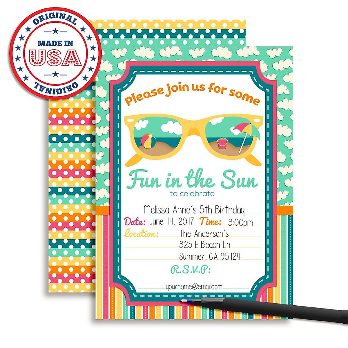 Summer Fun in the Sun Birthday Party Fill in Invitations set of Twenty with envelopes by AmandaCreation