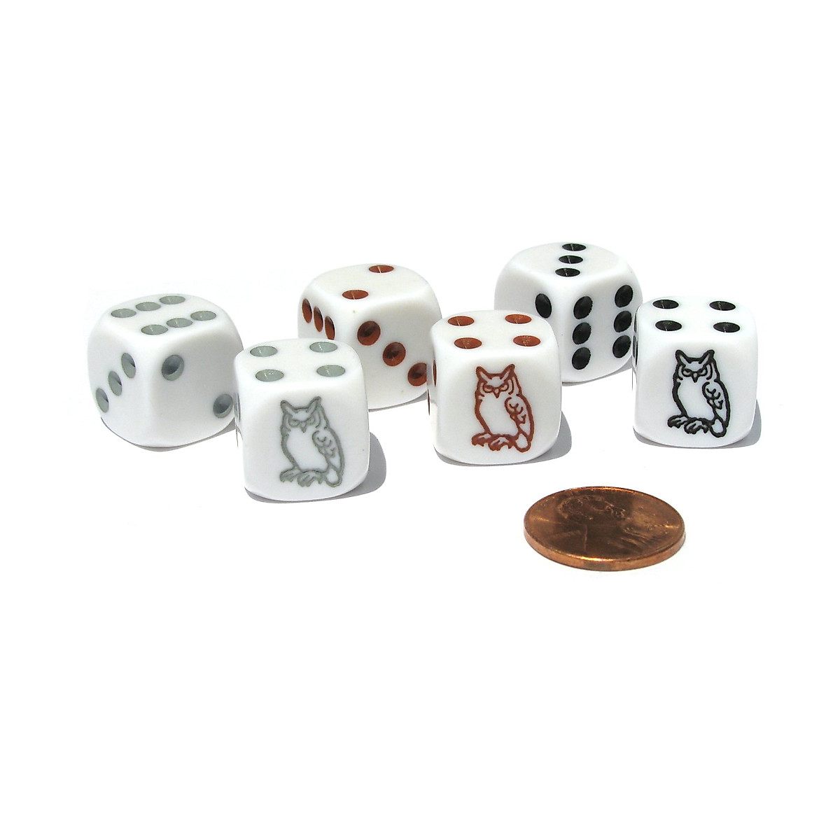 Koplow Games Set of 6 Owl 16mm Dice - 2 Each of White with Black, Brown, and Gray Pips