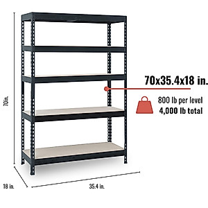 AR Shelving Heavy-Duty Garage Shelving, 5-Shelf Unit, 800-Lb. Capacity Per Shelf, 36in.W x 18in.D x 70in.H, Model# TR18C505KGEDD9G00