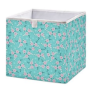 Kigai Cute Pink Flowers and Leaves Fabric Storage Bin 11" x 11" x 11" Cube Baskets Collapsible Store Basket Bins for Home Closet Bedroom Drawers Organizers
