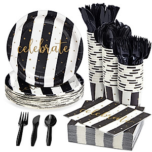 Juvale 144 Piece Black and White Party Supplies - Serves 24 Striped Celebrate Plates, Napkins, Cups and Cutlery Set for Birthday, Graduation