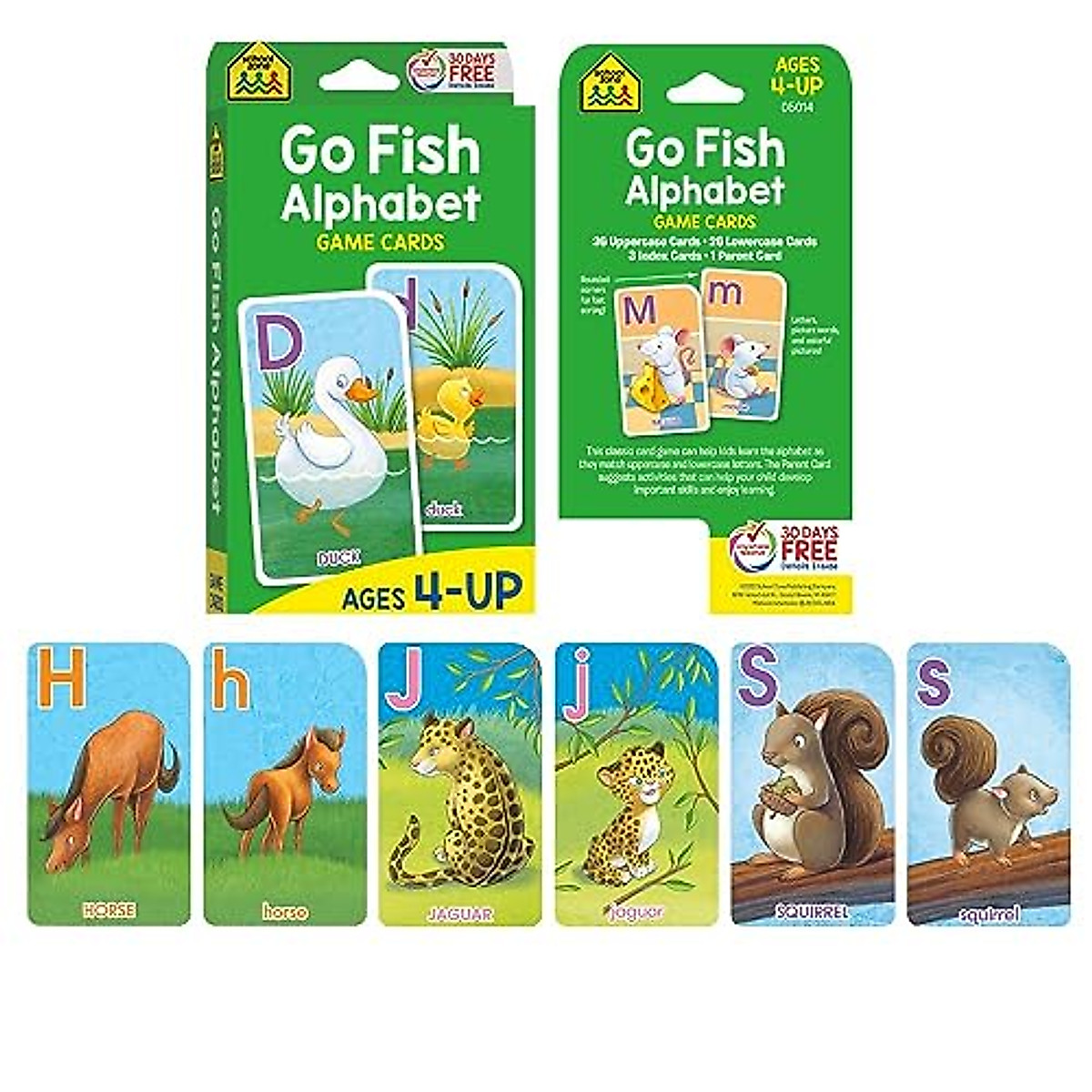 School Zone - Alphabet 4-Pack Flash Cards - Ages 3+, Preschool, Kindergarten, Go Fish Alphabet, Three-Letter Words, Alphabet Match, Lowercase & Uppercase Letters, Letter-Picture Recognition, and More