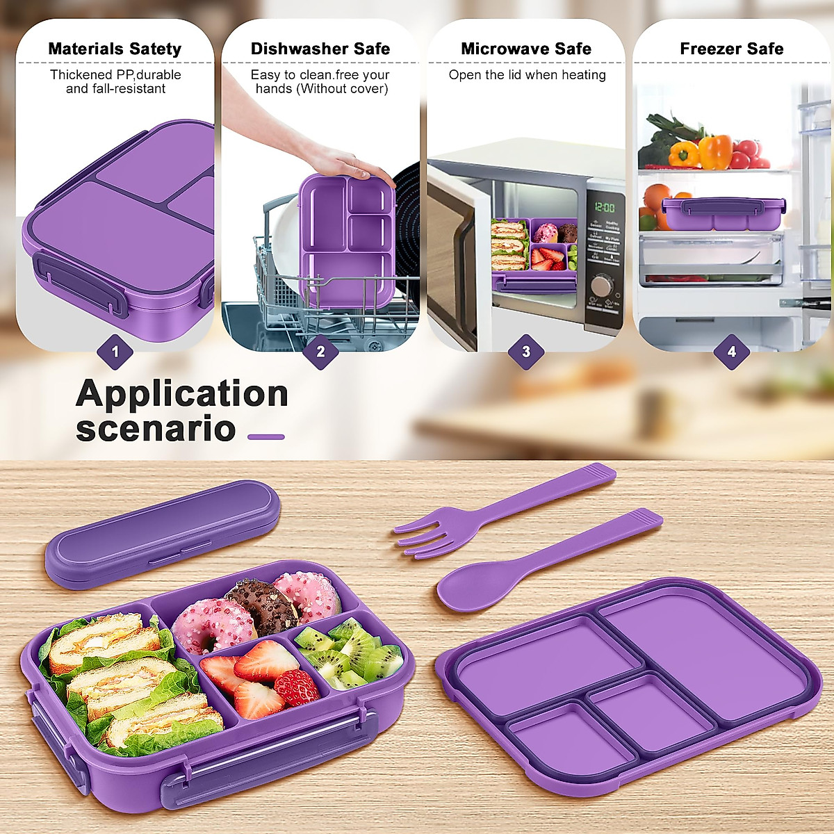 Amathley Lunch Box Kids,Bento Box Adult,Leakproof Lunch Containers for Adults/Kids/Toddler,1200ML-4 Compartments bento Lunch box with Utensil,Microwave & Dishwasher & Freezer Safe (Purple)
