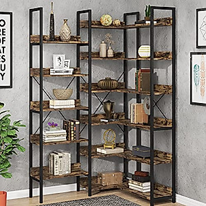 PAKASEPT 6-Shelf Corner Bookshelf, Triple Wide 6-Tier Bookcase, Large Modern Corner Shelf with Metal Frame, Open Bookshelves for Living Room Home Office, Rustic Brown
