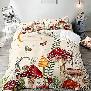 LUVIVIHOME 3PCS Red Mushroom Bedding Set, Cottagecore Aesthetic Boho Duvet Cover Full, Moon and Stars Butterfly Snail Green Plant Botanical Fungus Beige Comforter Bedspread Quilt Cover, 2 Pillow Shams