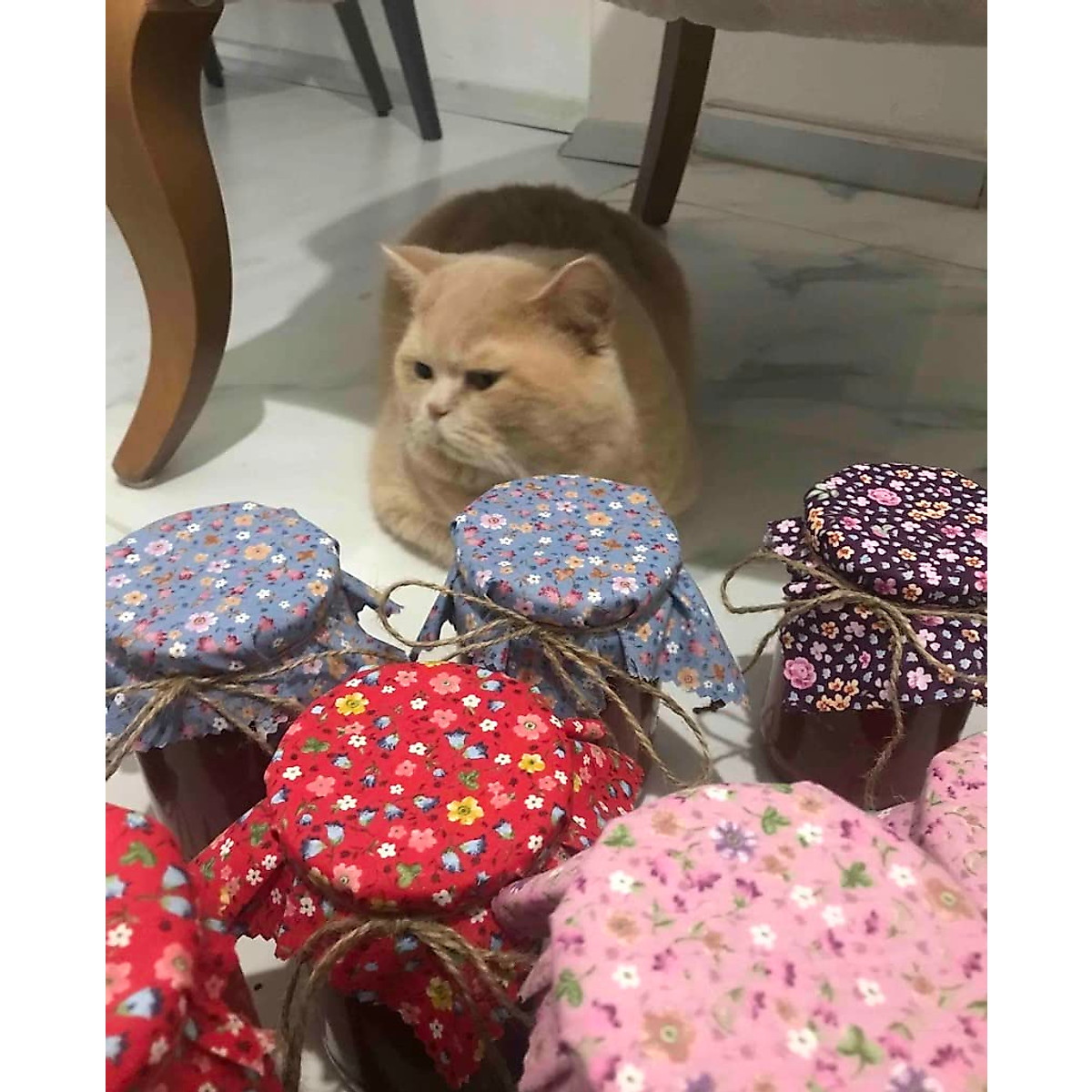 50 Pieces% 100 Cotton Flowered Pattern Fabric Jar Cover Cloth- 6.7'' Jar Cover Cloth With 50 Pieces Beaded Jute Rope