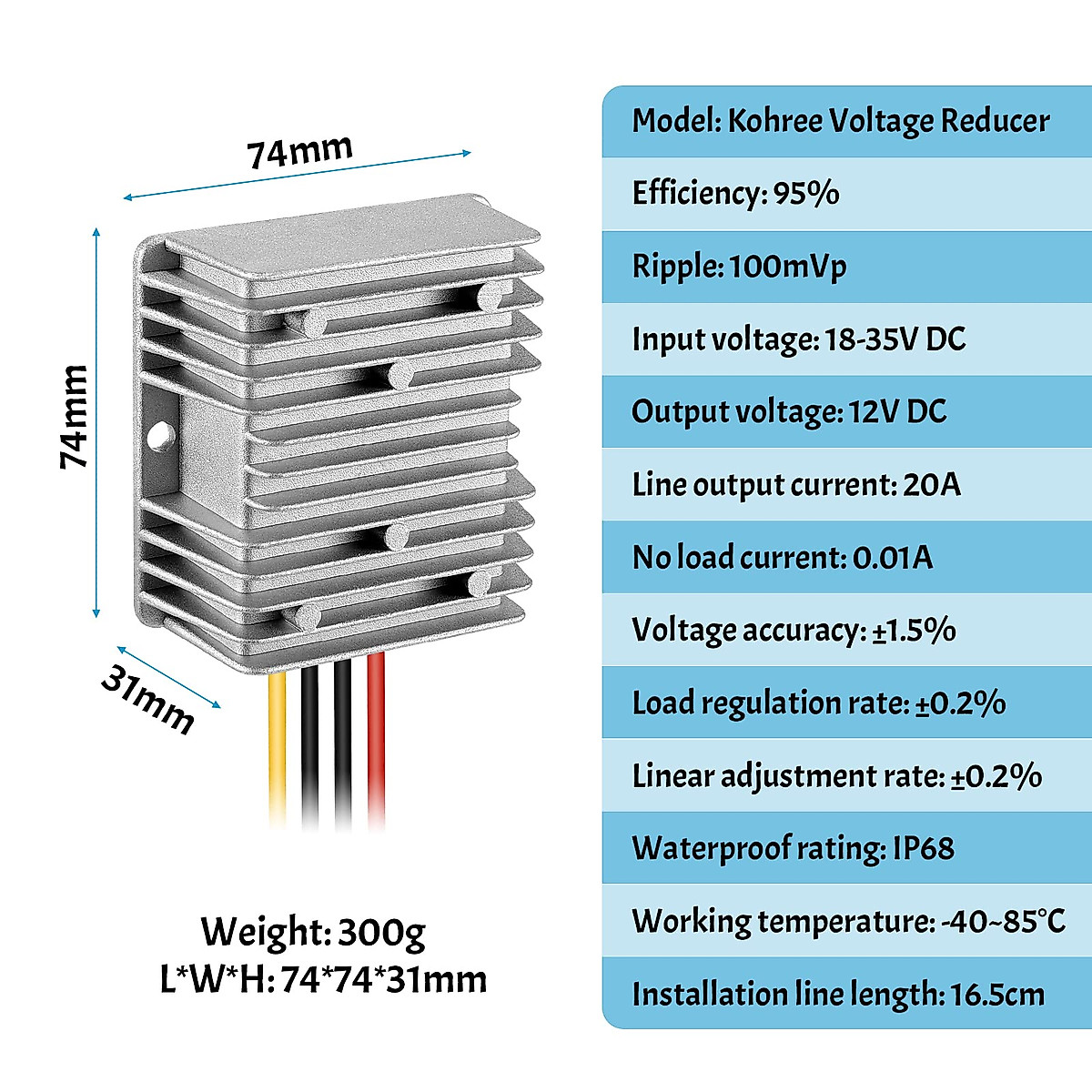 Kohree 24V to 12V Step Down Converter Regulator Reducer 20A 240W Golf Cart DC/DC Converter Regulator Reducer Waterproof for Club Car Truck Vehicle Boat Solar System Scooters Bicycles
