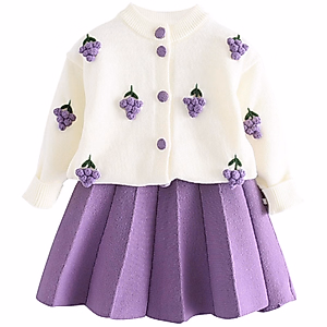 Balatale Toddler Girls Fall Outfits Buttons Sweater Tops Mini Skirt Set 2Pcs Long Sleeve Autumn Winter Clothes Set Purple 12-18Mth