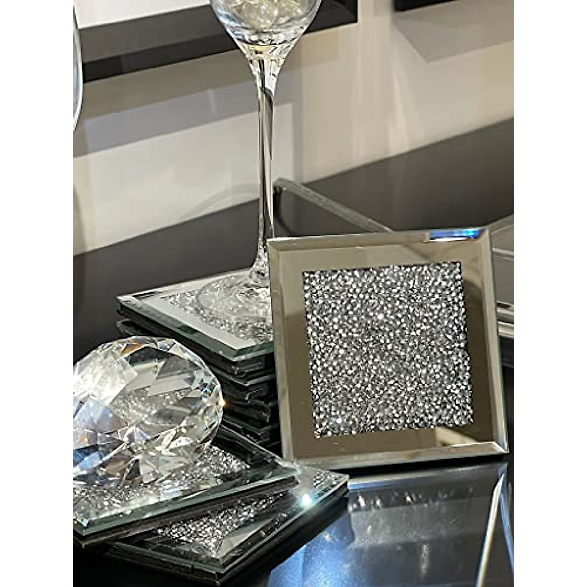 Glass Coasters for Drinks, Set of 4, Diamond Decor, Silver Crystal Coaster, Mirrored Elegant, Fancy, Glam, for Home Kitchen Table Bar Accessories, Square (4" x 4")