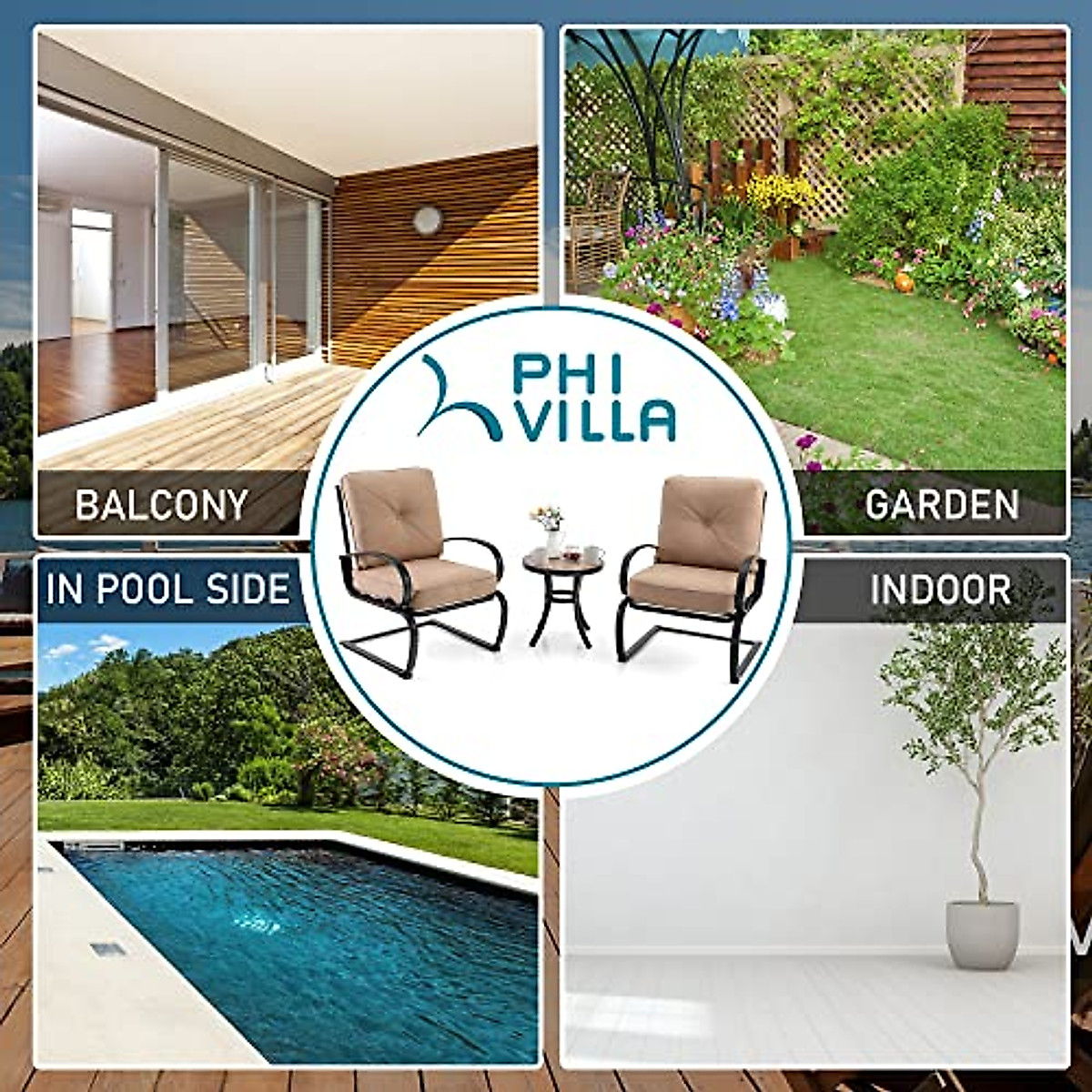 PHI VILLA Outdoor Round Side Table, Small Wood Table Top End Table Coffee Bistro Table with Metal Frame for Indoor/Outdoor Use