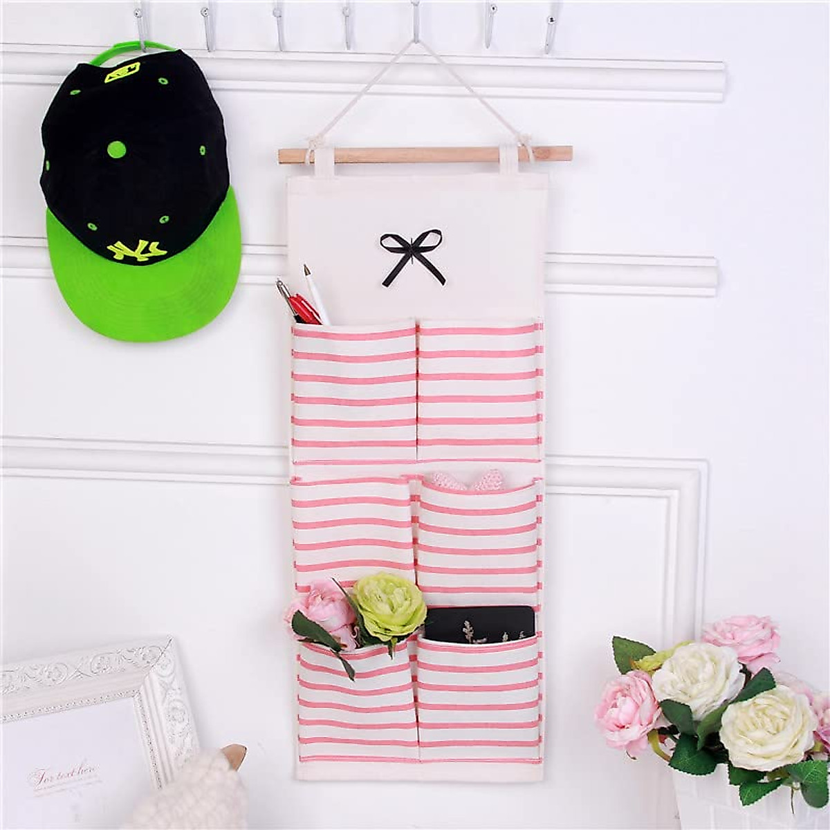 Halyuhn 24 x 10 Inch 6 Pockets Wall Hanging Storage Bag, White Red Striated Waterproof Linen Fabric Organizer with Self Adhesive Hook Wood Bar, Narrow 3-Shelf Over The Door Closet Pockets Chart