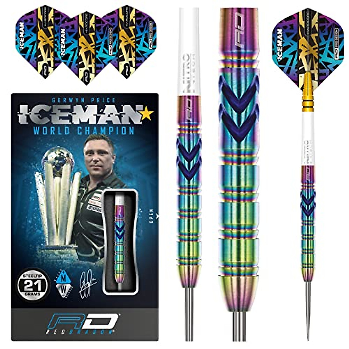 RED DRAGON Gerwyn Iceman Price Ionic 23 Gram Premium Tungsten Darts Set with Flights and Stems