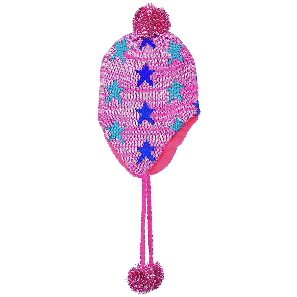 Girls Fleece Lined Knit Pom Beanie & Gloves Set with Warm Ear Flaps for Winter (Pink)