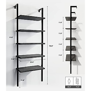 DKLGG 5-Tier Book Shelf Rack Against The Wall, Tall Ladder Shelf Wooden Bookcase Metal Frame Storage Plant and Flower, Single Standing Bookshelf Ladder ​for Living Room, Bedroom, Balcony, Home Office