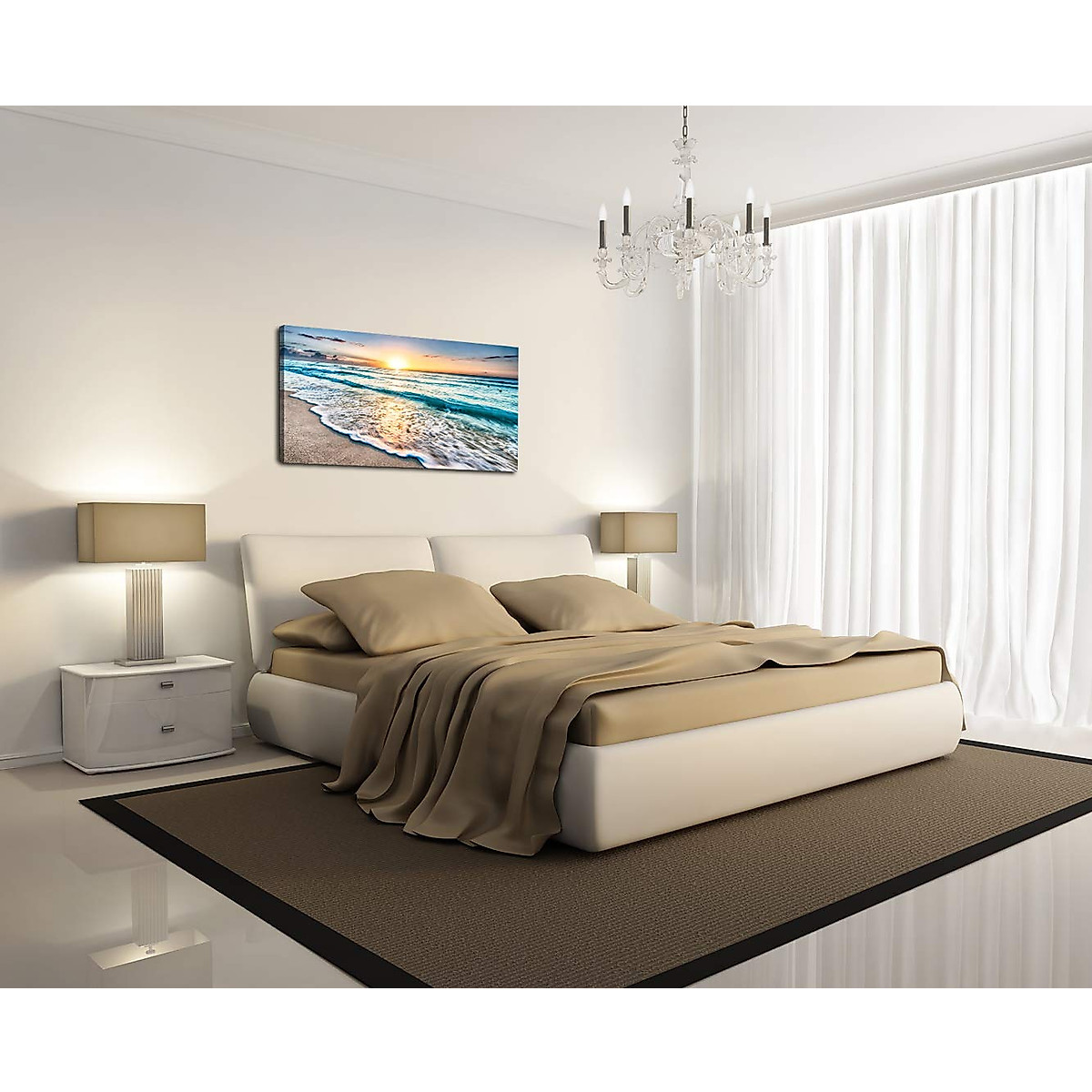 Baisuart S02250 Canvas Prints Wall Art Beach Sunset Ocean Waves Nature Pictures Stretched Canvas Wooden Framed for living Room Bedroom and Office