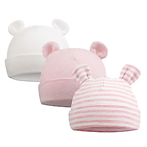 Original Cotton Newborn Hats for Girls Striped Preemie Baby Hats Bear Ears Infant Boys Beanies 0-6 Months (Bear(White+Pink+Pink Striped), Preemie)