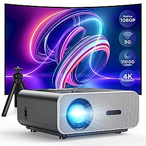 Native 1080P Projector 4K Support, 5G WiFi Bluetooth Portable Projector with Tripod, 11000L Movie Projector, 300" Display Home Projector Compatible with HDMI/TV Stick/iOS/Android/PS5