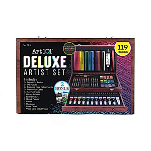 Art 101 USA Deluxe Art Set with 119 Pieces in a Wood Organizer Case, Includes Color Pencils, Paints, brushes and palettes, Learning guides, Portable Art Studio