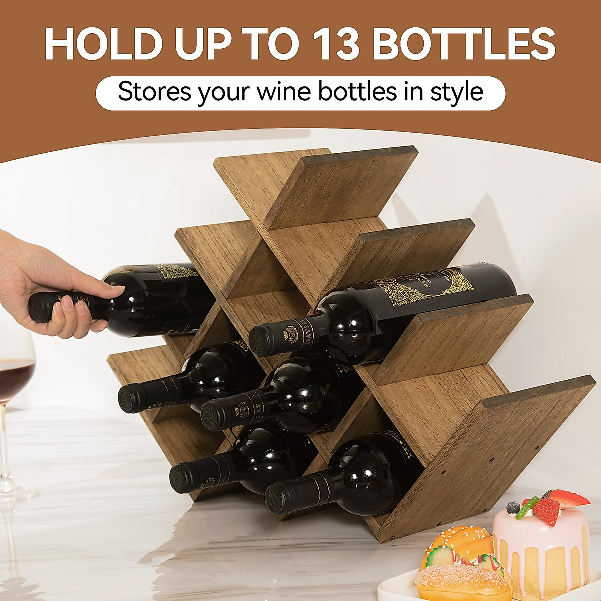 KIRIGEN 13-Bottle Wine Rack - 4-Tier Nature Wood Wine Display Rack/Standing and Countertop Wine Storage Shelf - Bottle Holder/Cabinet Glass Rack 4-Layer Dark Brown XHJJ4-DBR