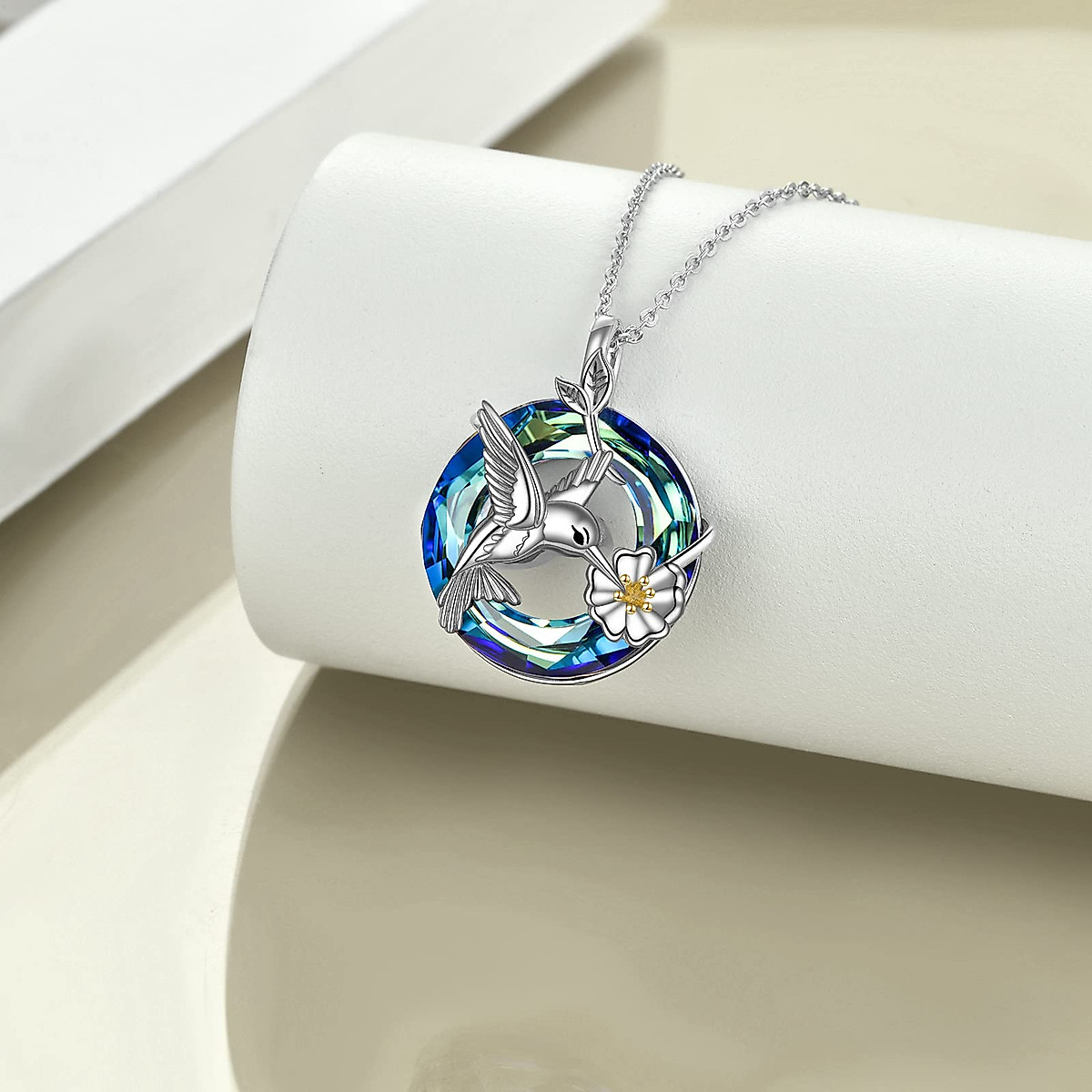 POPLYKE Hummingbird Urn Necklace for Women Ashes Sterling Silver Bird Pendant Cremation Ashes Necklace with Blue Crystal for Human Pets (blue)