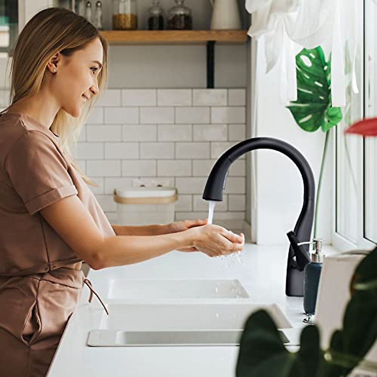 WOWOW Black Kitchen Faucet, Pull Down Kitchen Faucet Stainless Steel Gooseneck Kitchen Sink Faucet Single Handle Water Faucet, Utility Sink Faucet for Laundry RV (Patent Product)
