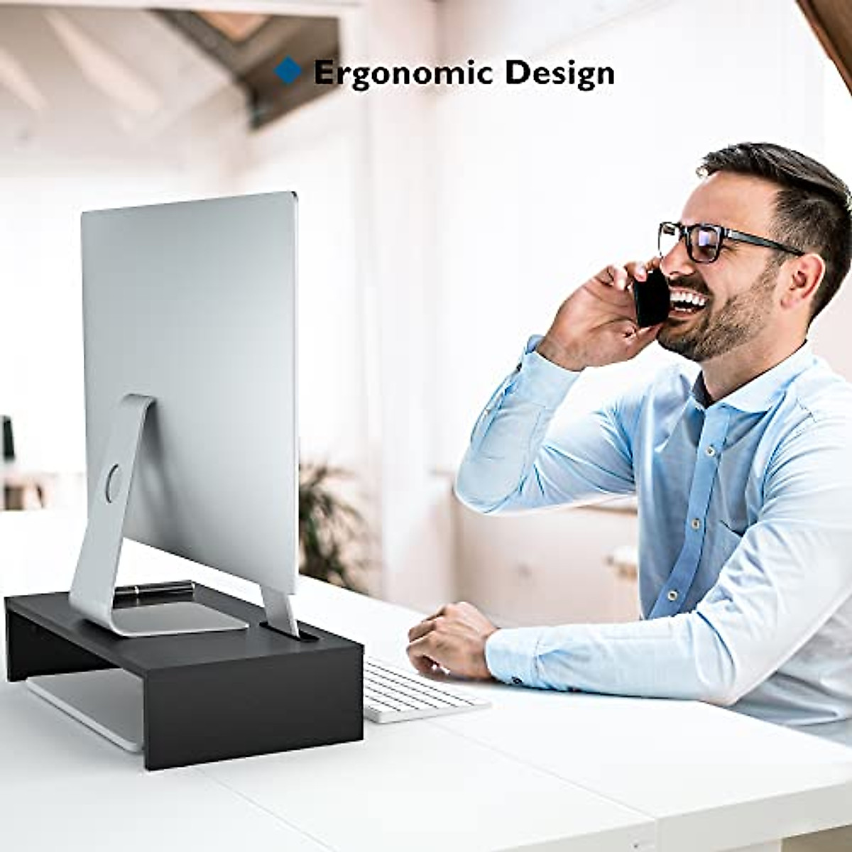 1home Monitor Stand Riser, 16.7 Inch Wood Monitor Riser Stand with Storage Organizer, Desktop Ergonomic Monitor Stand Riser with Cellphone Holder and Cable Management, Black