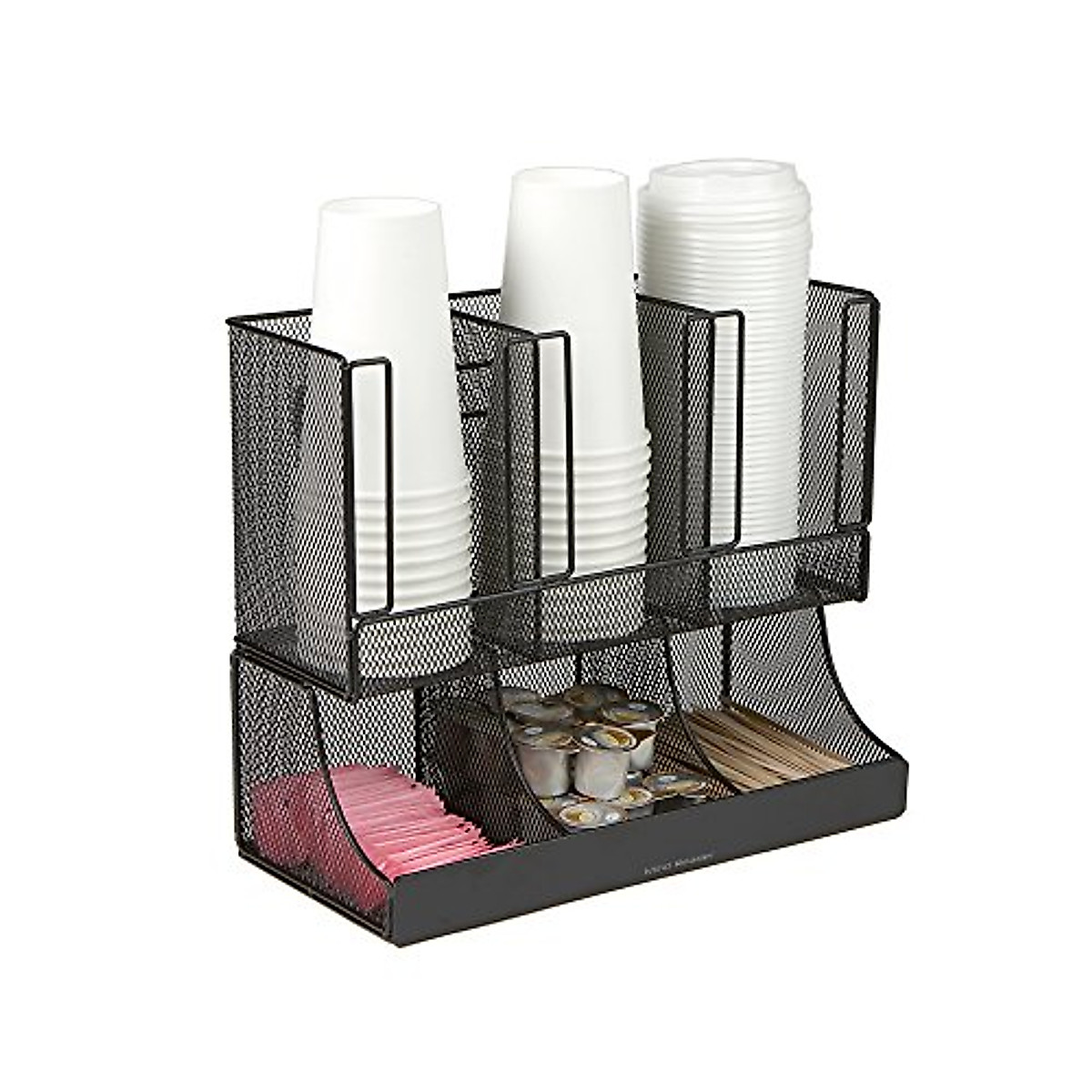 Mind Reader 6 Compartment Upright Breakroom Coffee Condiment and Cup Storage Organizer, Black Metal Mesh