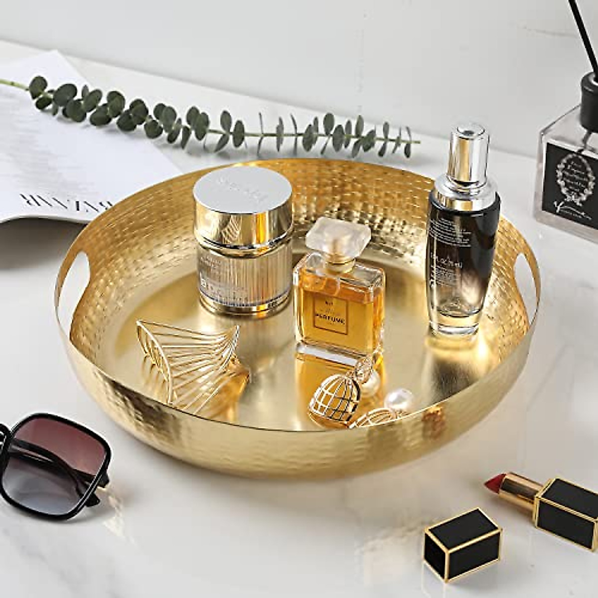 MyGift 12 Inch Round Brass Metal Handcrafted Unique Serving Tray with Hammered Pattern Design and Cut Out Handles, Decorative Coffee Table Tray - Handmade in India