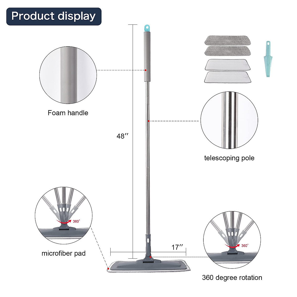 Floor Mop with 4 Washable Pads and Scrubber, Wet Mop with 360 Degree Swivel Head, High-Strength Stainless Steel Metal Rod, Microfiber Mop for Hardwood Laminate Wood Tile Cleaning