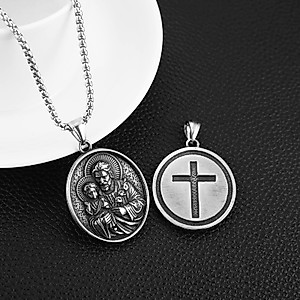 HZMAN Double Sided Stainless Steel St Joseph Necklace for Men Women Religious Saint Joseph Cross Christian Medal Amulet Pendant Jewelry Gift