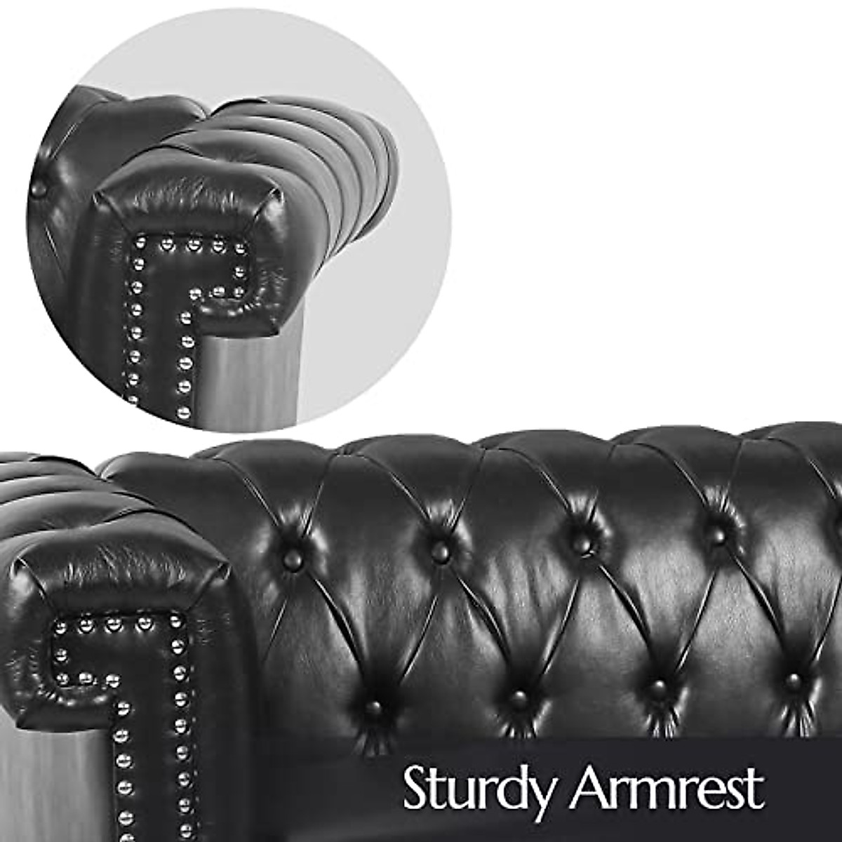 Vaztrlus Chesterfield Sofas Couches for Living Room, Square Arm 3-Seater Faux Leather Large Couch Deep Button Nailhead Tufted Black Upholstered Couches for Bedroom, Office Easy to Assemble