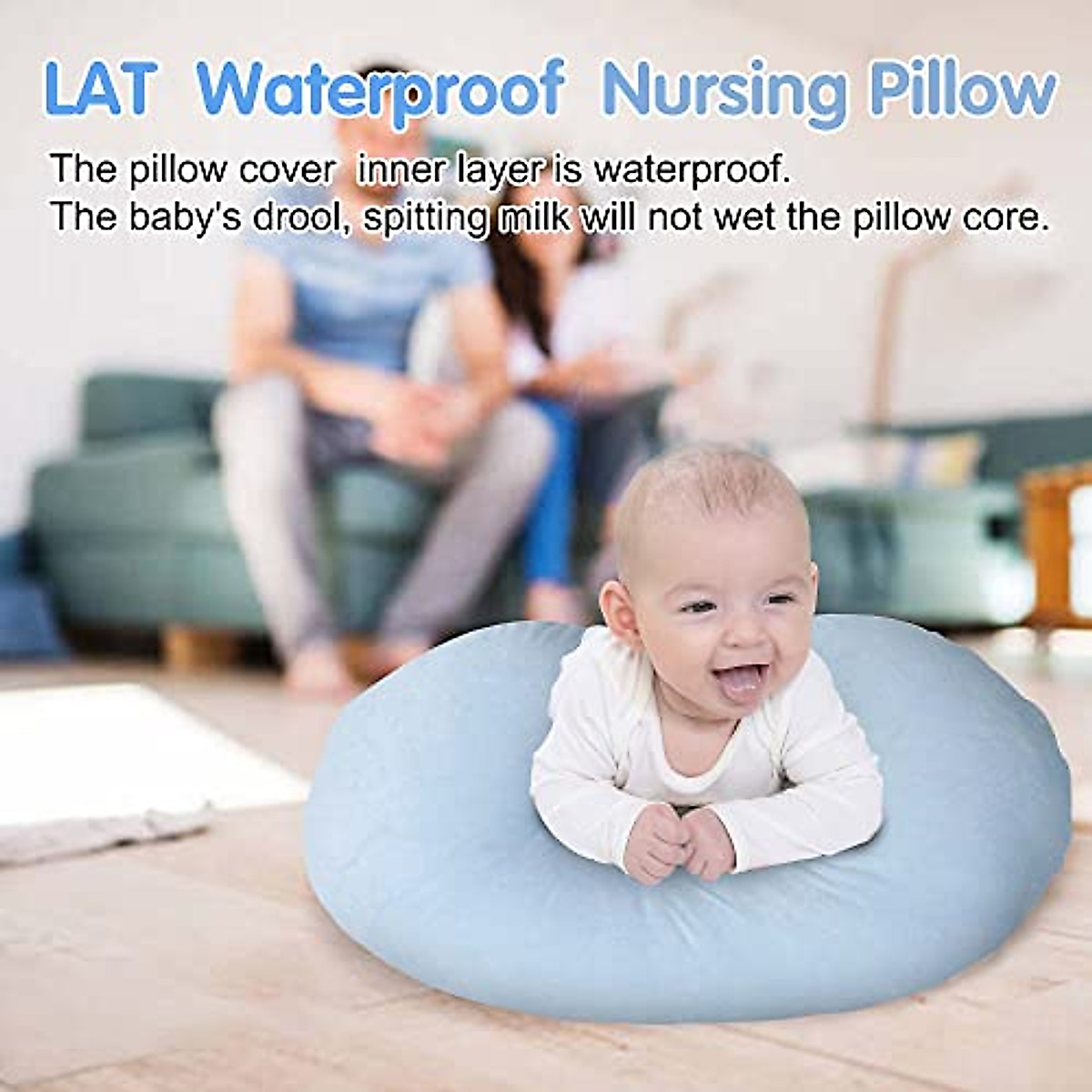 LAT Waterproof Nursing Pillow and Positioner, Breastfeeding Pillow for Mom,Newborn Infant Soft Cotton Feeding Cushion for Boys and Girls(Blue)