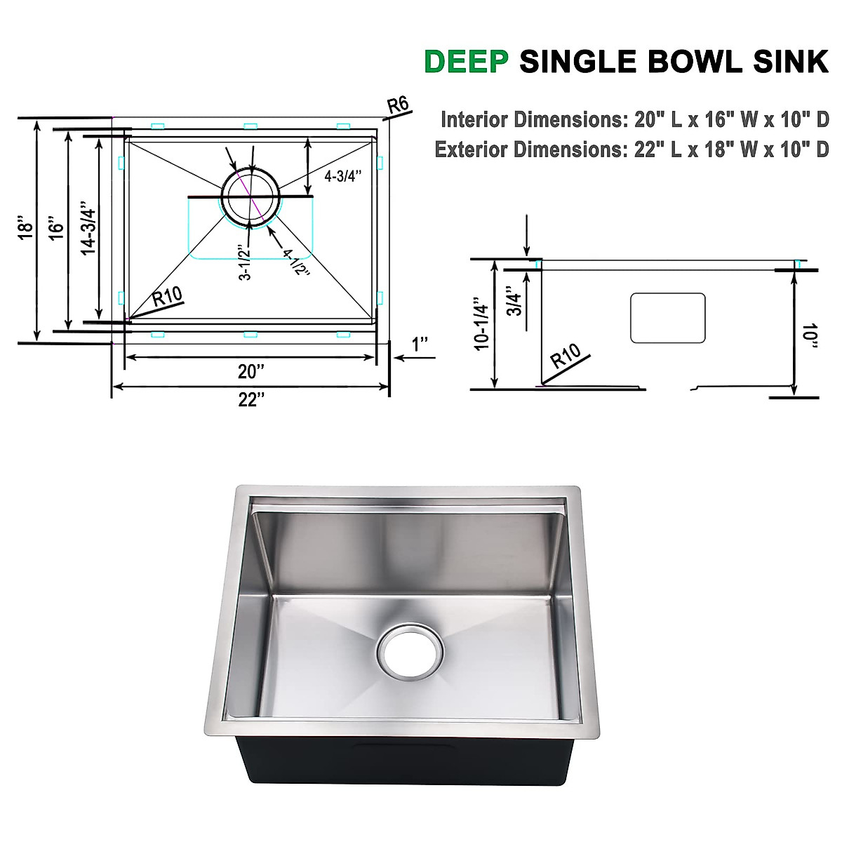 bathivy Undermout Wet Bar Prep Sink, 22 x 18 x 10 Inch Bar Sink, Handmade Stainless Steel Sink Set Single Bowl Small Kitchen Bar and RV Sink with All Accessories