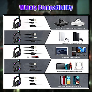Atrasee Stereo Gaming Headset for PS4 PC PS5 Xbox One Nintendo Switch, Wired Cat Ear Headphones with Mic, Surround Bass, Soft Earmuffs, Noise Cancelling Over Ear Headphones for Girls Kids, Black