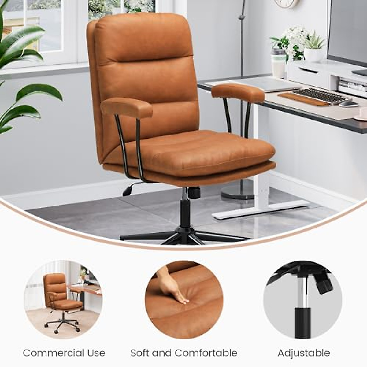 DICTAC Brown Leather Office Chair,Mid Century Home Desk Chair with Padded Mid-Back Support Removable Armrests Height Adjustable