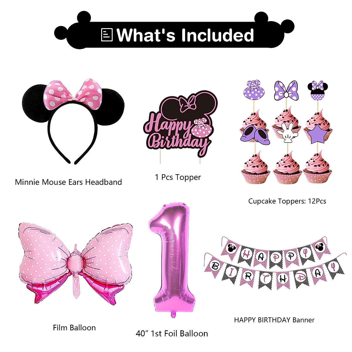 HIPEEWO Minnie 1st Birthday Party Supplies - Minnie Theme Mouse Birthday Decorations Include Banner, Balloons Arch, Backdrop, Tablecloth, Headband, Welcome Door Sign, Minnie First Birthday Party Decor