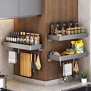 YISMAN Floating Shelves Wall Mounte,with Towel Bar and 5 Hooks, Storage Shelves Organizer for Bathroom, Kitchen, Balcony,Set of 2 (14.96 Grey)