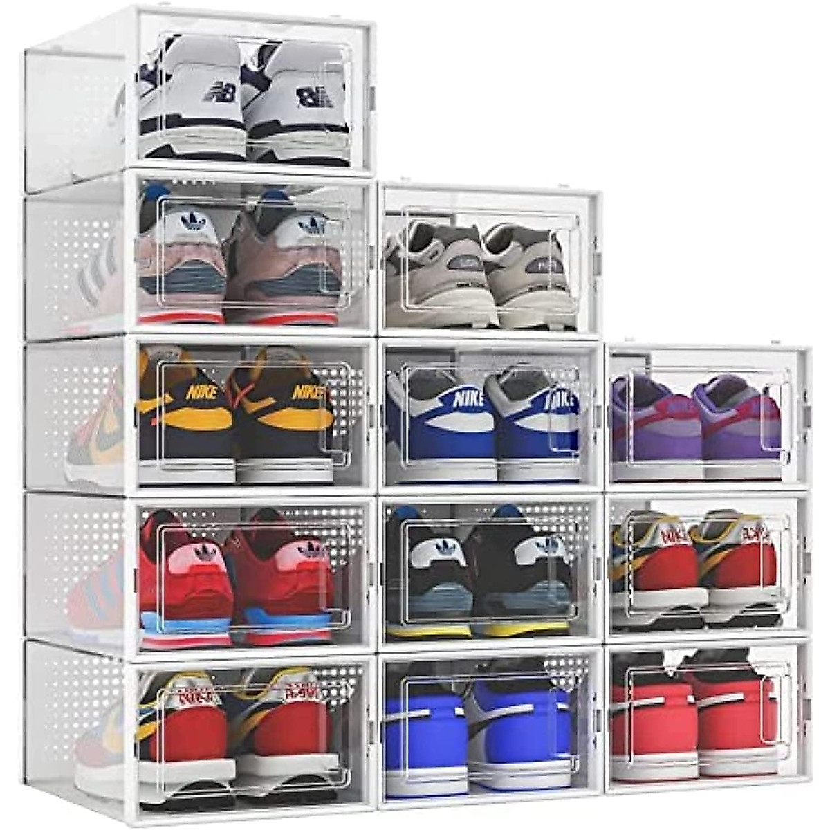 SESENO. 12 Pack Shoe Storage Boxes, Clear Plastic Stackable Shoe Organizer Bins, Drawer Type Front Opening Shoe Holder Containers