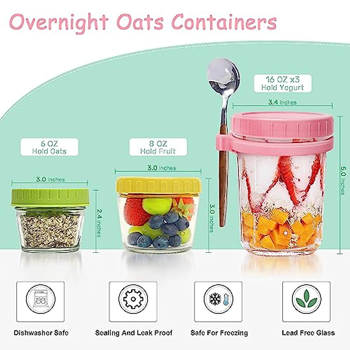 TTrpuon Overnight oats containers with lids glass and spoon,glass jars with lids, cereal cups to go, Breakfast On the Go Cups, Cups Set of 5