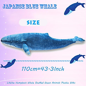 ELAINREN 110cm Japanse Blue Whale Plush Large Whale Shark Soft Hugging Body Pillow, Lifelike Humpback Whale Stuffed Ocean Animals Plushie Gifts