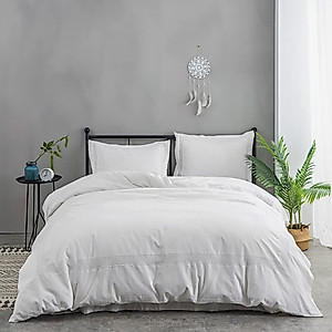 BISELINA Linen Duvet Cover Set 3pcs French Vintage Crocheted Lace Flax Cotton Blend Solid Color Shabby Chic Boho Luxury Farmhouse Bedding (King, Lace White)