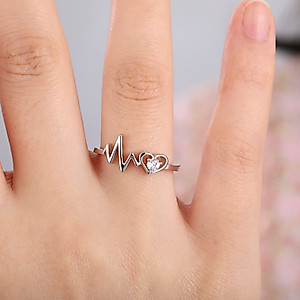 Arvaleff 925 Sterling Silver Rings for Women Wedding Band Heart Beat Cubic Zirconia Engagement Eternity Ring Thin Stackable Comfort Fit Size 8