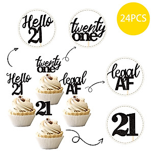 24 PCS 21st Birthday Cupcake Toppers legal Hello 21 Twenty One Cupcake Picks 21st Birthday Cake Decorations Supplies Black