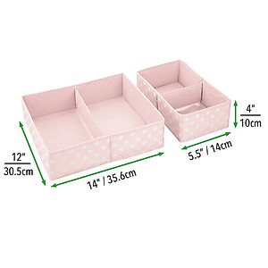 mDesign Soft Fabric Dresser Drawer and Closet Storage Organizer for Child/Kids Room, Nursery - Divided 2 Compartment Organizer - Fun Polka Dot Print, Set of 4 - Pink with White Dots