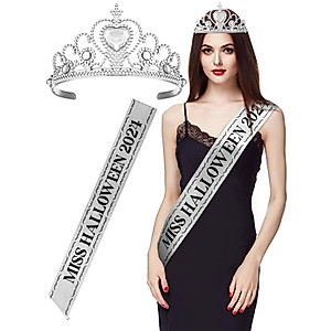 Ferraycle Miss Halloween 2024 Crown and Sash Cosplay Costume Kit for Women Silver Crystal Tiara Rhinestone Crown Princess Crown Headband Halloween Queen Sash for Party Decorations
