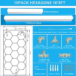 Hexagon Garage Light: Higher Brightness 720W 93600 Lumens Hexagon Led Garage Light with Rectangle Frame 6500K, 15 Hex Grid for Garage, Shop, Basement, Car Detailing Shop etc. with Mounting Clip