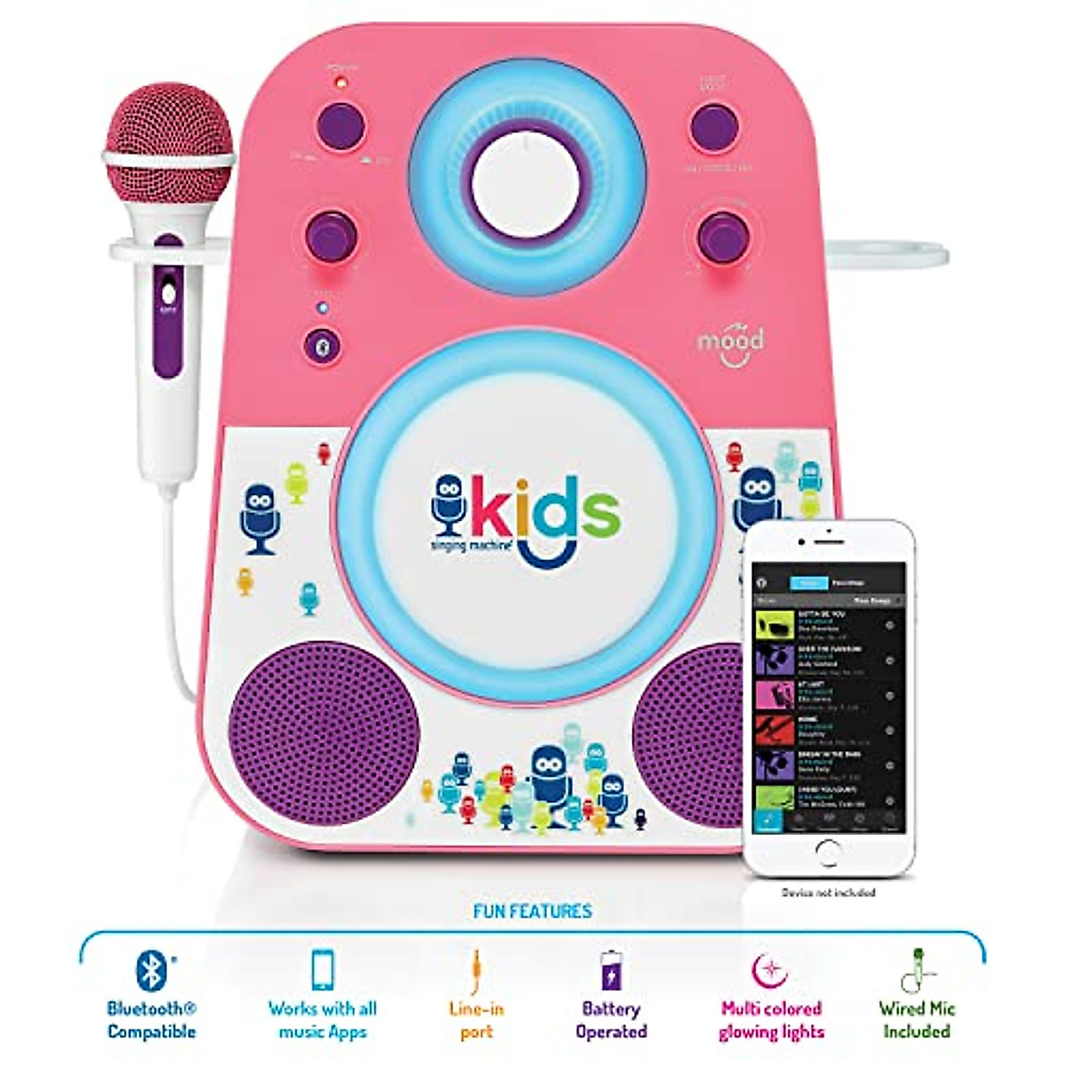 Singing Machine Kids SMK250PP Mood LED Glowing Bluetooth Sing-Along Speaker with Wired Youth Microphone Doubles as a Night Light, Pink/Purple
