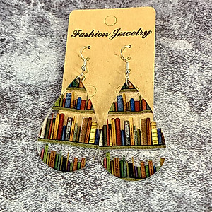 Book Earrings for Women Classic Resin Stack of Books Shelves Teardrop Drop Earrings Cute Cat Dog Butterfly Moon Rabbit Bookcase Wooden Dangle Earrings for Teacher Book Lovers -Style 1
