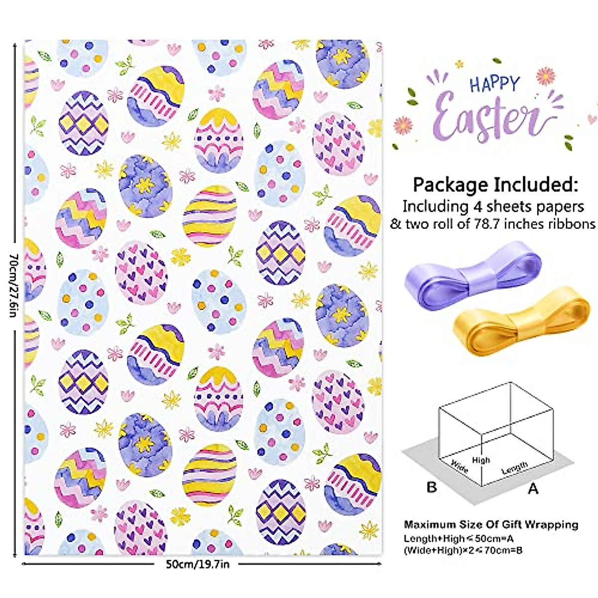 Easter Wrapping Paper,4 Sheets 4 Designs Bunny Eggs Chicken Gift Wrapping Paper,20 x 28 Inch Funny Cute Pattern Gift Wrap With Ribbon For Easter Spring Birthday Holiday Baby Shower Party All Occasion